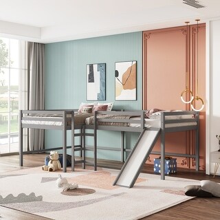 L-Shaped Full Size Solid Pine Wood Loft Bed with 2 Built-in Ladders and ...