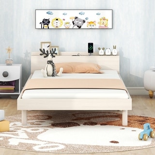 White Twin Washed Particle Board Platform Bed Frame with Built-in USB ...