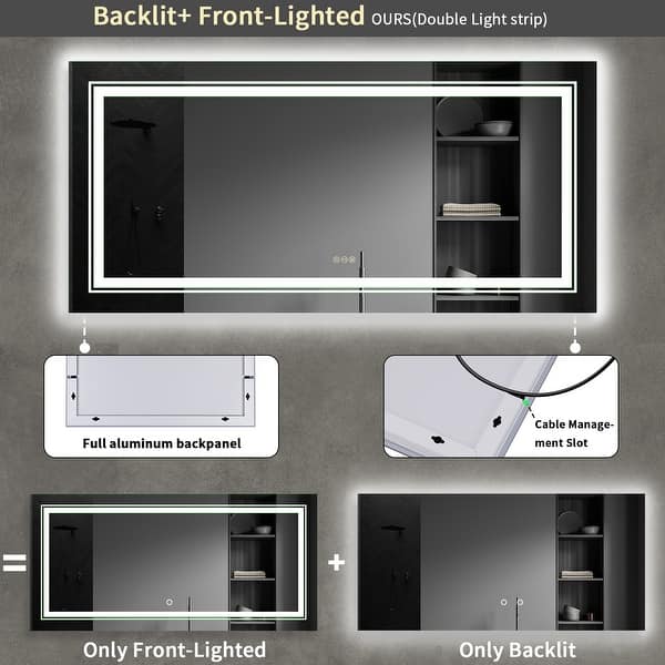Extra Large LED Lighted Bathroom Mirror Wall Anti-Fog Vanity 3 Colors ...