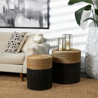 Black Wood Handmade Colorblock Wrapped Accent Table with Dried Plant ...