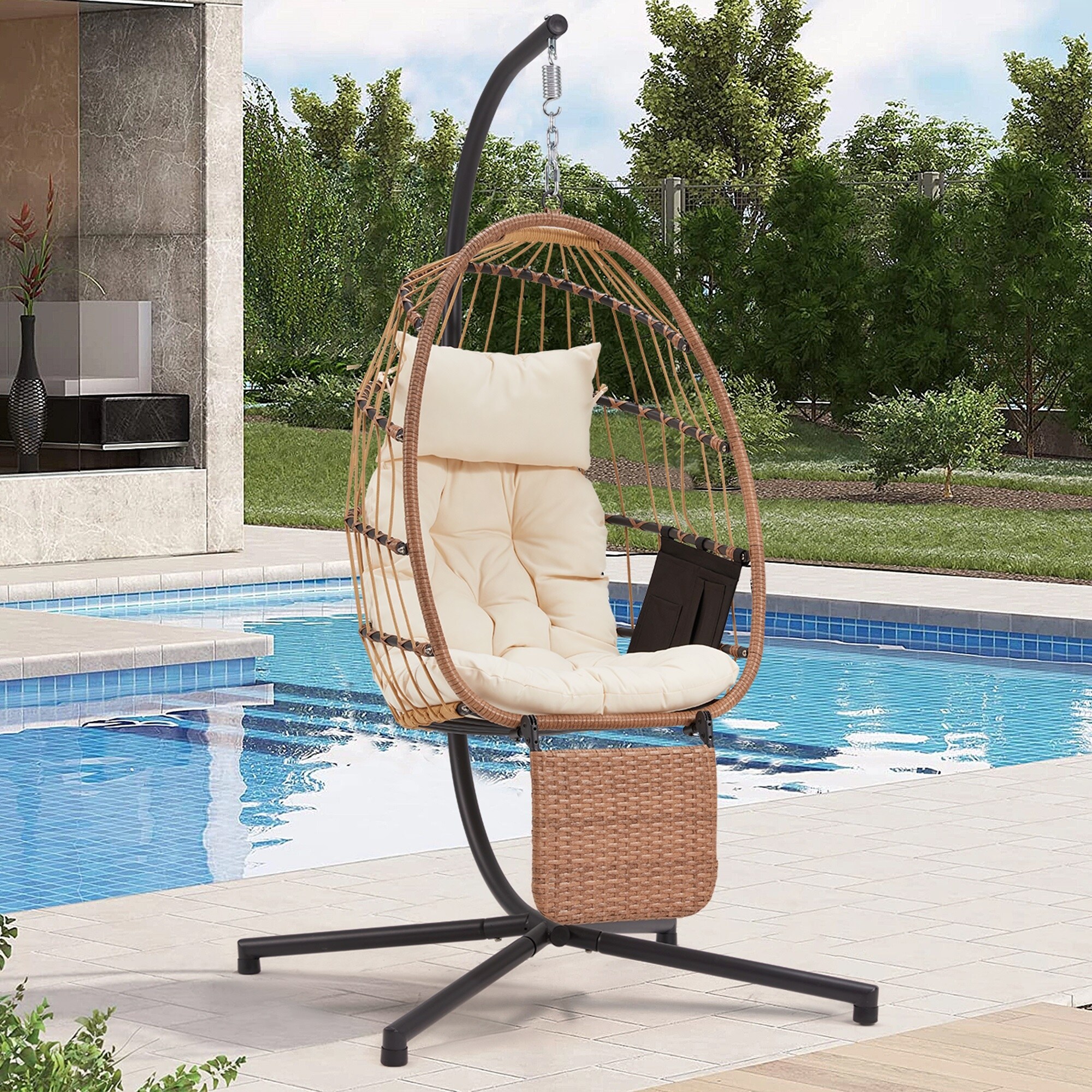 EROMMY Hanging Egg Chair with Stand Foldable Indoor Outdoor Swing Chair includes Cushion and Pillow Patio Wicker Swing