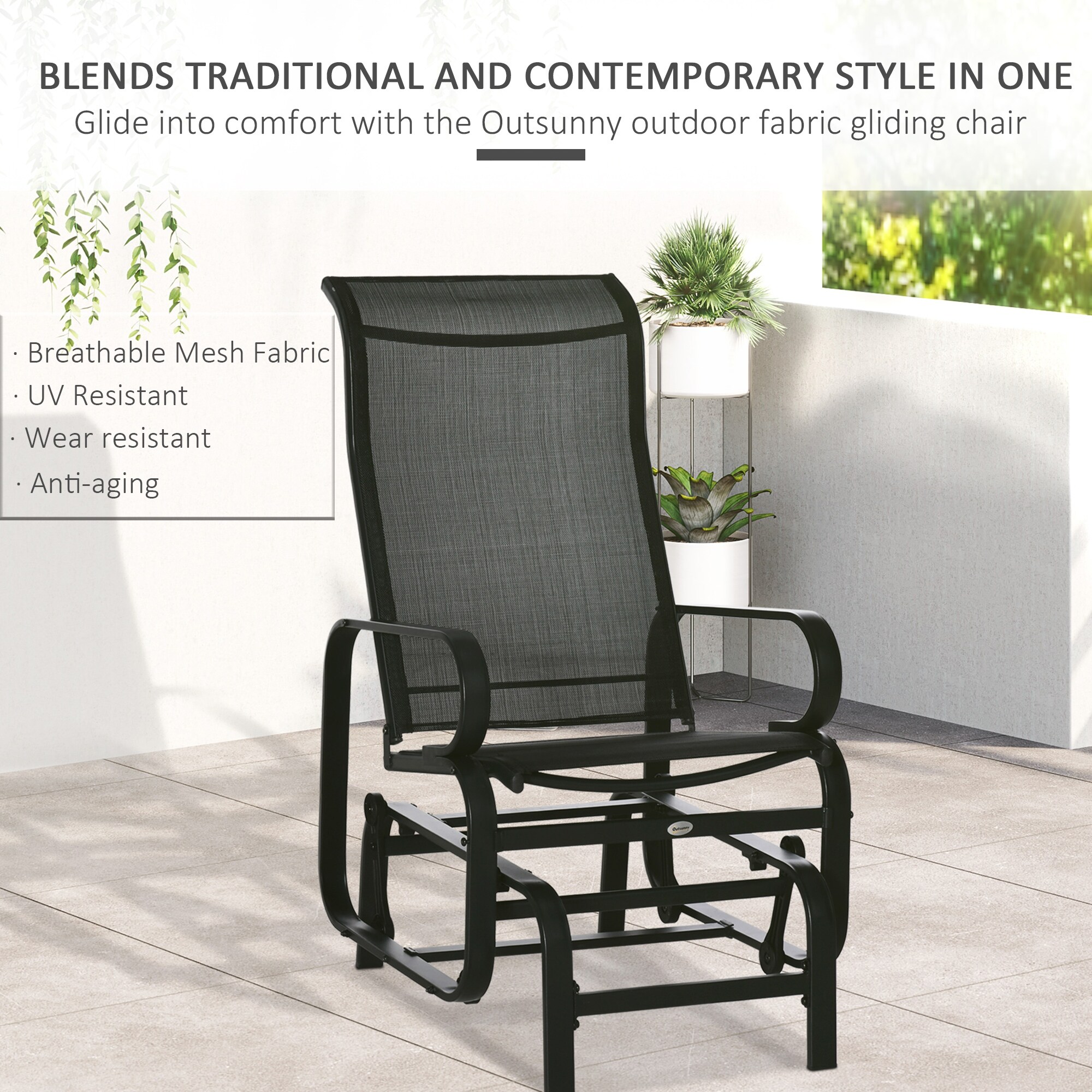 Outsunny Single Glider Patio Swing Rocking Chair with Breathable Mesh Smooth Arms for Backyard Garden Lawn