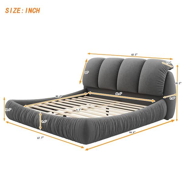 Pleating Design Grounded Sleigh Bed Luxury Upholstered Bed Thick Ultra ...