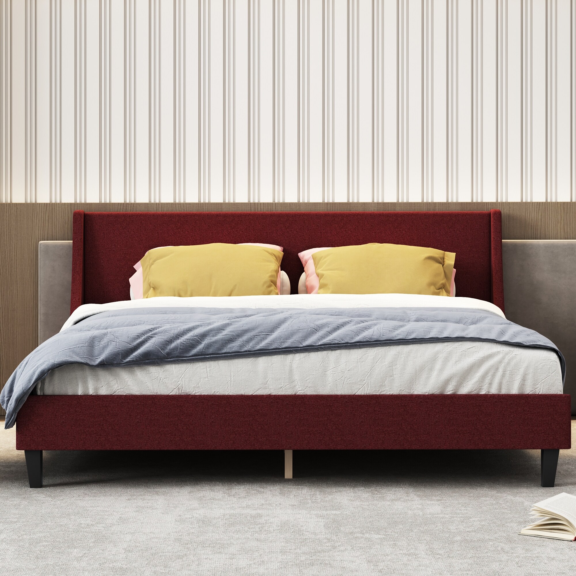 Orange King Linen Upholstered Bed with Headboard Wooden Slats