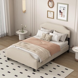 Queen Upholstered Linen Platform Bed with Headboard Height Adjustable ...