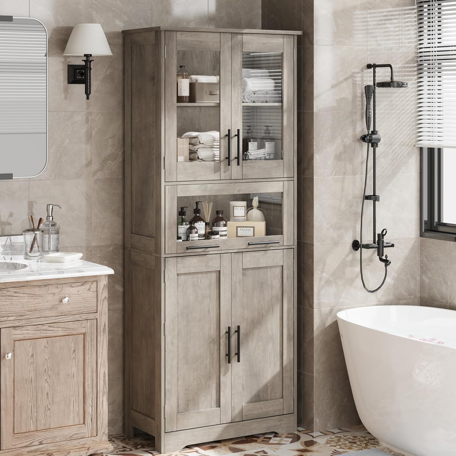 Tall Bathroom Cabinet Kitchen Pantry Cabinet with Glass Doors and Adjustable Shelf Storage Cabinet for Laundry Living Room White