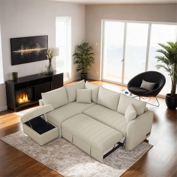 L-shaped Sectional Pull Out Sofa Bed Sleeper Sofa w/Storage Ottoman ...