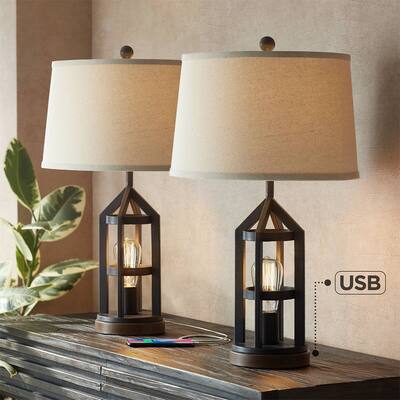 Set of 2 Modern Table Lamps with USB Port Gold Rectangular White - 16 ...