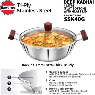 Tri-Ply Stainless Steel Induction Compatible Kadhai with Glass Lid ...