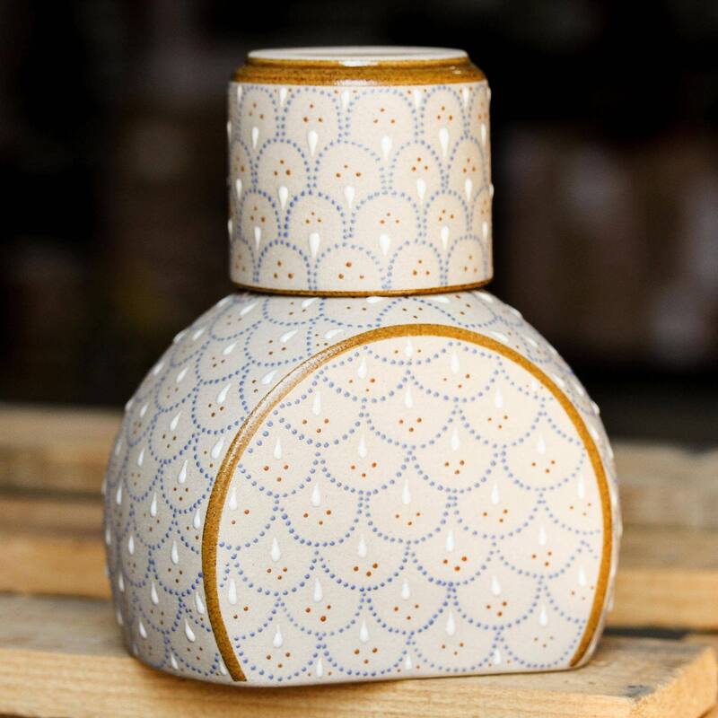 NOVICA Artisan Handblown Ceramic Carafe Pitcher With Cup Grey Beige ...