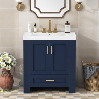 30" Striped Navy Blue Bathroom Vanity with White Ceramic Sink, Wall ...