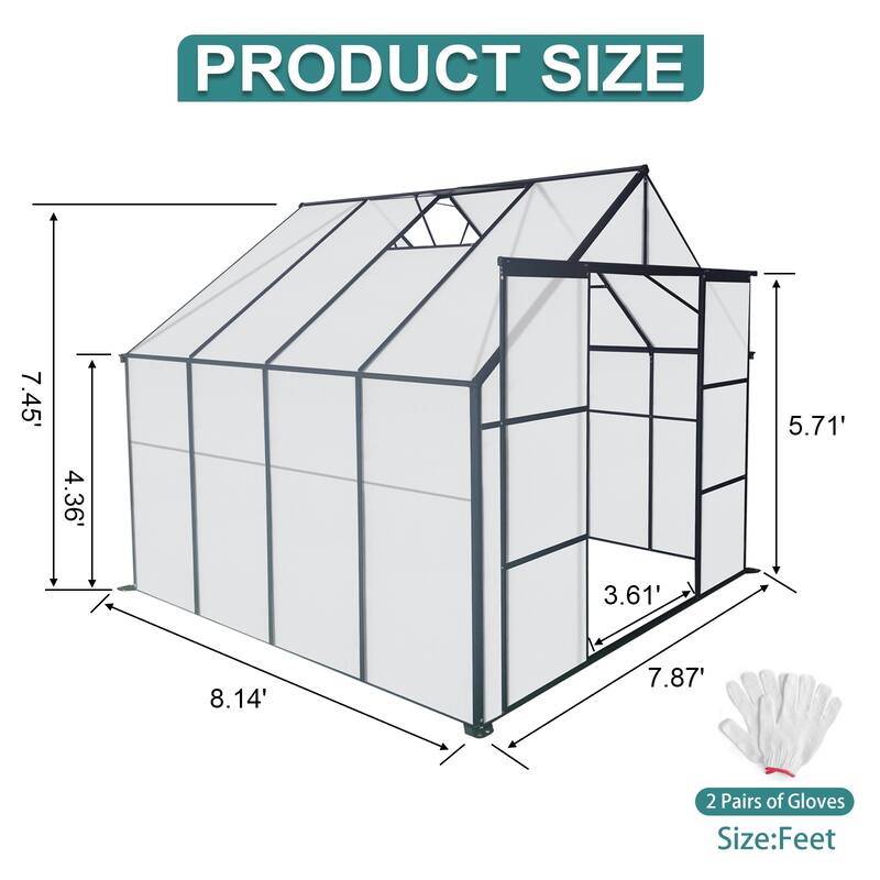 8x8 FT Double Door Polycarbonate Greenhouse Raised Base and Anchor Aluminum Heavy Duty Walk-in ...