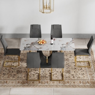 7-Piece Rectangular Dining Table Set with 6 PU Upholstered Chair ...
