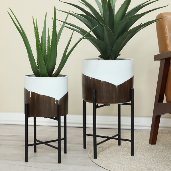 2-Piece White and Brown Metal Cachepot Planters Set with Black Stands ...