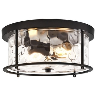 2-Light Flush Mount Water Rippled Glass Ceiling Light with Metal Frame ...