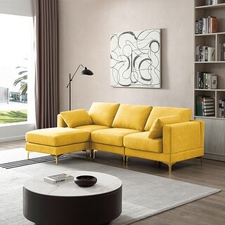 L Shape 3 Seat Fabric Sofa Set with Ottoman, for Living Room, Yellow ...