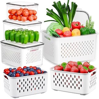 5-Pack Airtight Produce Keepers with Removable Colander, Stackable ...