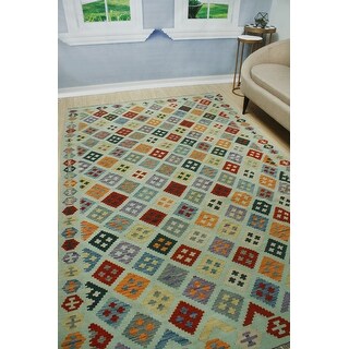 Hand-Woven Sangat Kilim Jerrell Lt. Green/Rust Rug - 6'5" x 9'8" - Bed ...