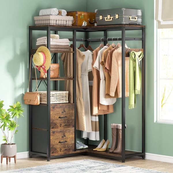 bedroom clothing rack with shelves