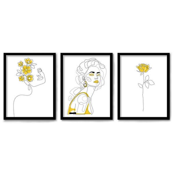 (Set of 3) Triptych Wall Art Wall Art Yellow Female Line Art by ...