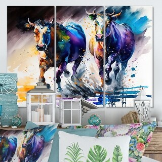 Designart "Cows Running I" Animals Cow Canvas Art Print - 3 Panels ...