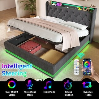 Gray Upholstered Headboard Hydraulic Storage Bed with LED Light, Full ...