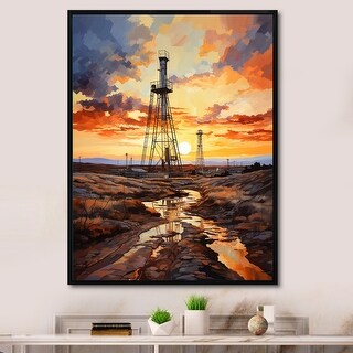 Designart "Orange Oil Rigs Resilient Rig" Oil Rigs / Fields Framed Wall ...
