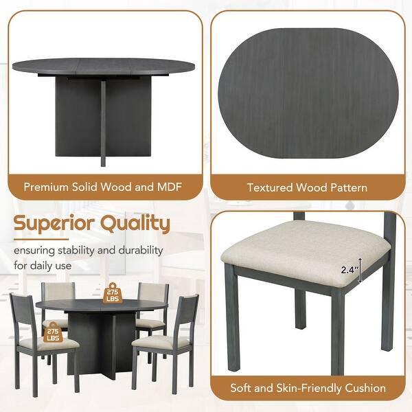 Retro 5-Piece Functional Dining Set with Oval Extendable Dining Table ...