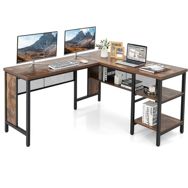 Costway Industrial L-Shaped Corner Computer Desk Office Workstation w ...