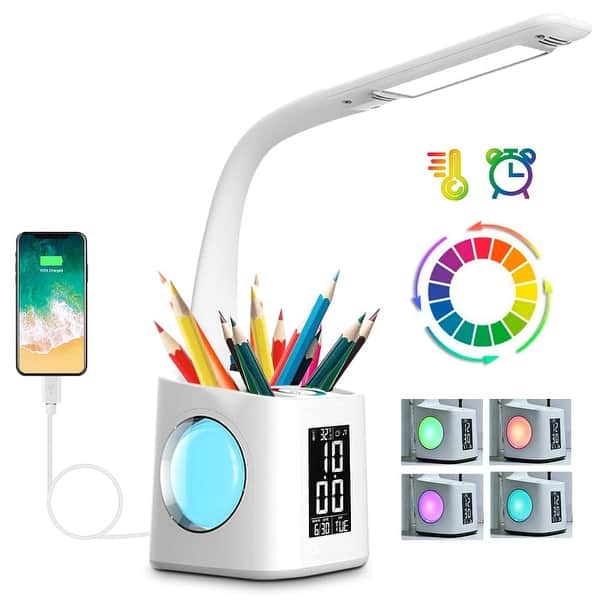 LED Desk Lamp with Clock,Color Changing Nightlight,Study Lamp with Pen ...