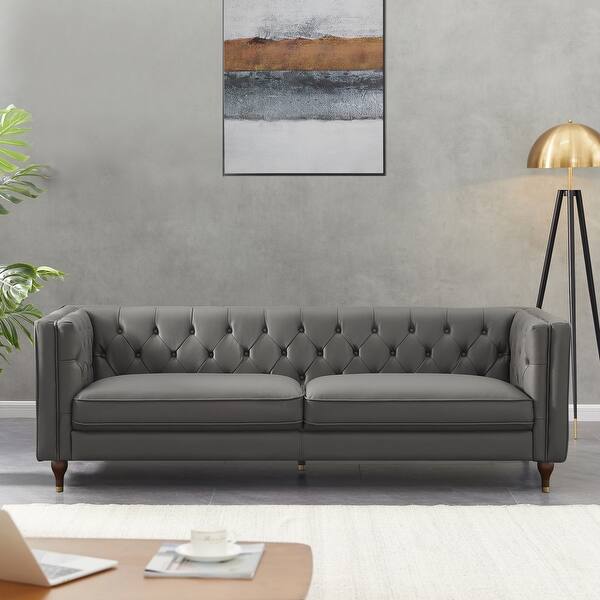 Malova Mid Century Modern Tufted Back Maddy Gray Genuine Leather Sofa - Bed Bath & Beyond - 35349865