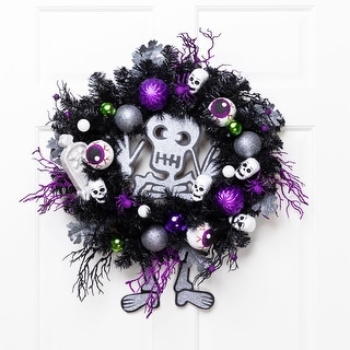 Purple and Black Spooky Skeleton Pine Halloween Wreath, 24-Inch, Unlit ...
