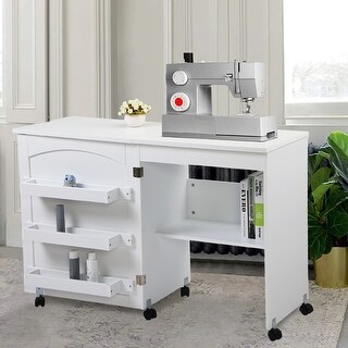 White Folding MDF Sewing Craft Cart Craft Table with Storage Shelves ...