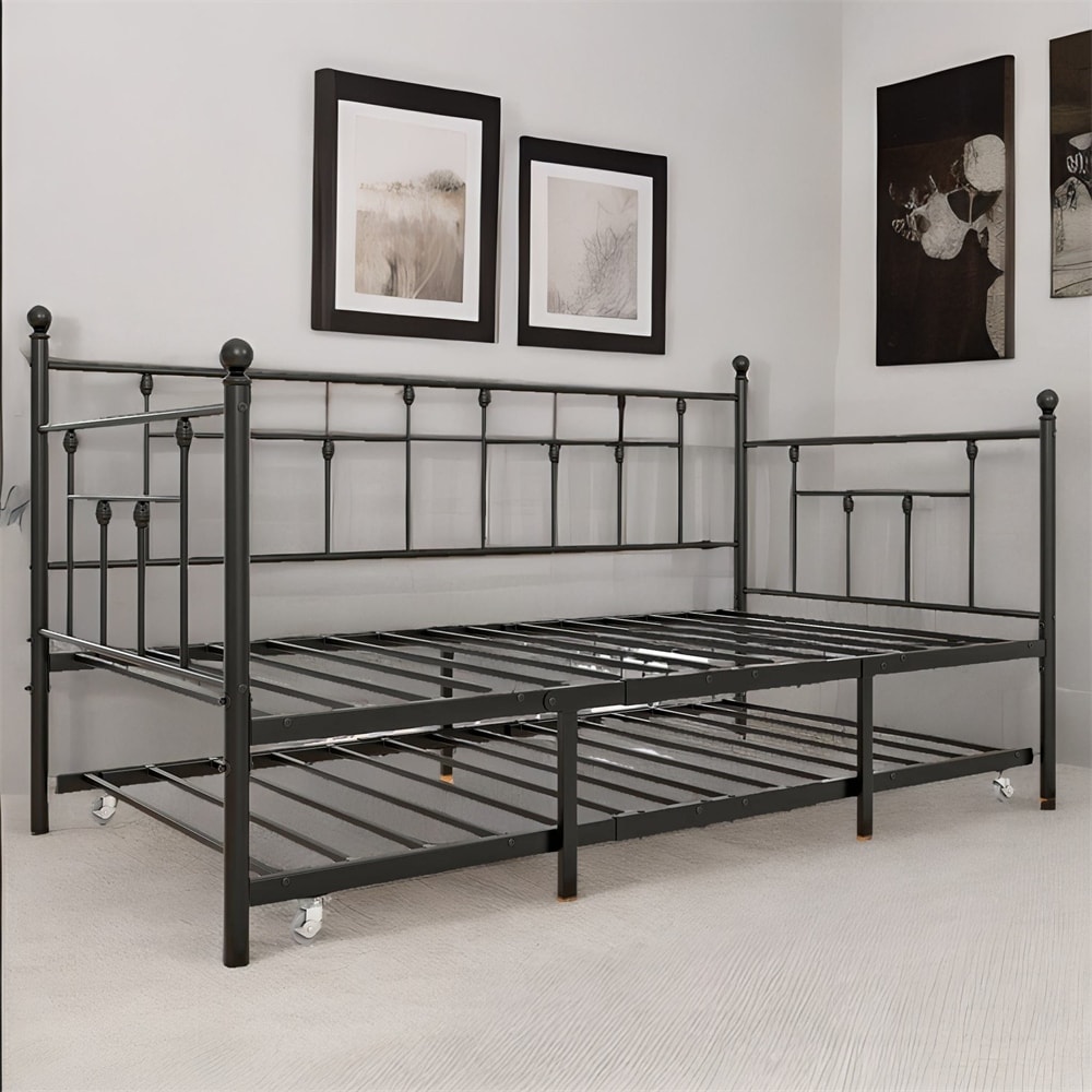 Contemporary Metal Daybed Frame with Twin Pull-Out Trundle Bed - Bed ...