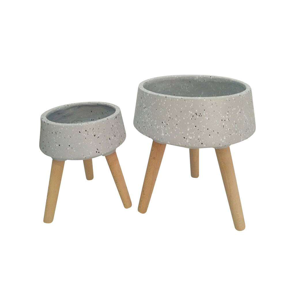 Ceramic Body Planter with Wooden Angled Legs, Set of Two, Gray and ...