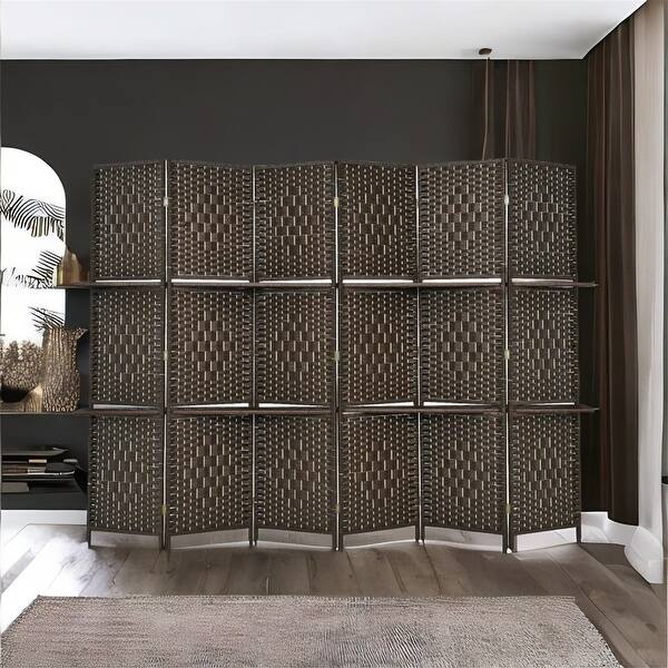 6 Panel Folding Weave Fiber Room Divider with 2 Display Shelves - Bed ...