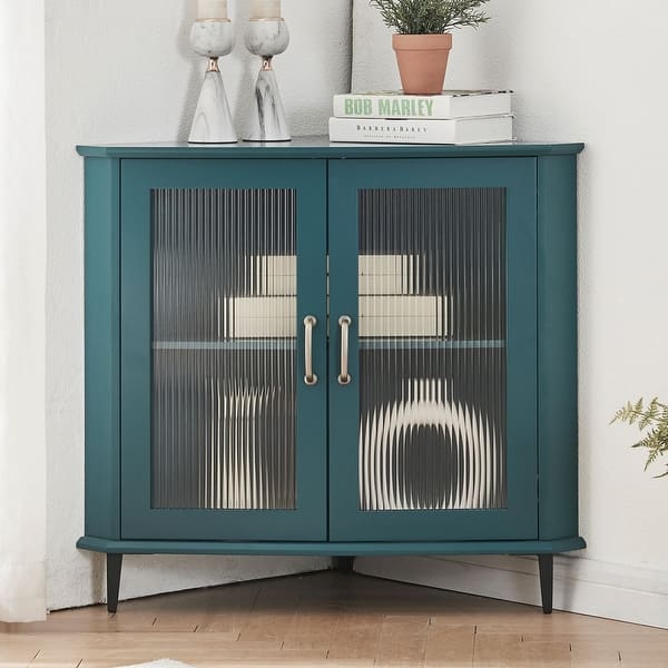 Elegant Teal Blue Corner Cabinet with Glass Doors and Adjustable Shelf ...