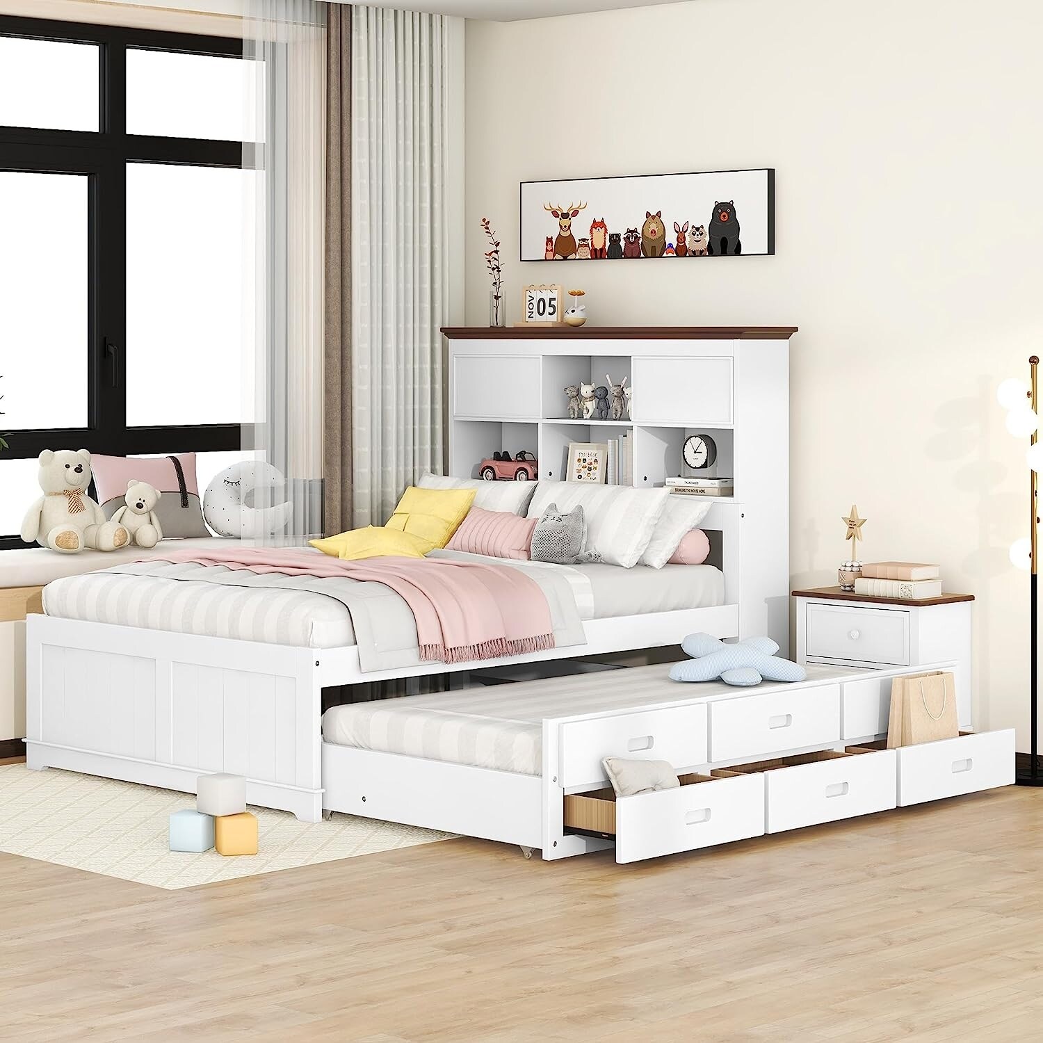Full Captain Bed with Bookcase Headboard Solid Wood Storage Platform Bed with Trundle 3 Storage Drawers for Kids Girls Boys On Sale Bed Bath Beyond 38322575
