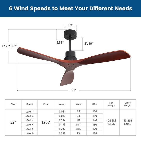 52 in. Indoor Matte Black Smart Ceiling Fan Whit 6-Speed Long-Handled ...