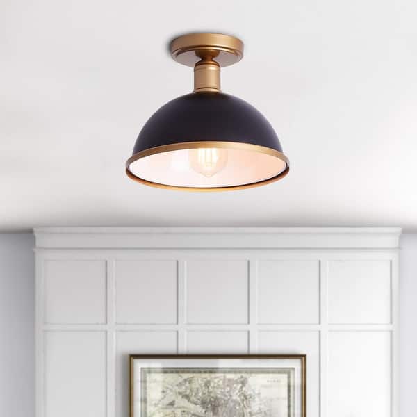 Vintage 1-Light Bowl Shape Black and Gold Ceiling Lamp with Metal Shade ...
