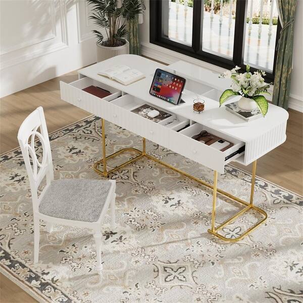 Modern Home Office Wooden Curved Writing Desk with Drawers, Metal Leg ...