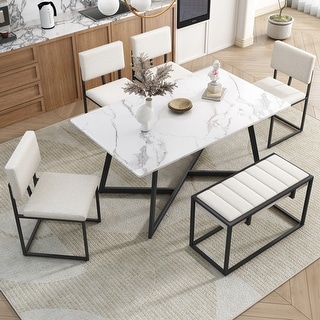 6-Piece Metal Kitchen Table Set with 60inch Faux Marble Dinner Table ...