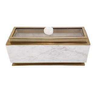 14 Inch White Marble Lidded Box, Glass Lid and Natural Stone, Gold Tone ...
