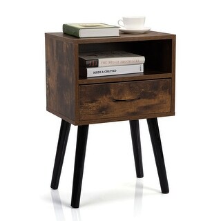 Set of 2 Nightstand Rustic Brown Side Table with Hidden Drawer and Open ...