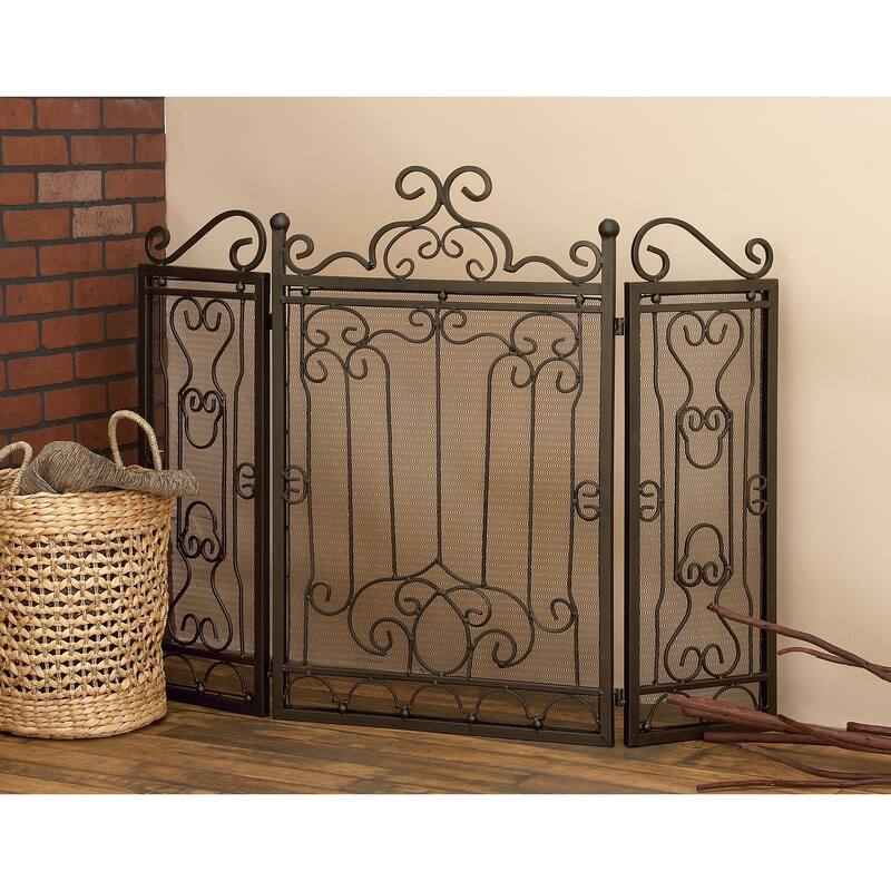 Brown Metal Foldable Mesh Netting 3 Panel Scroll Fireplace Screen ...