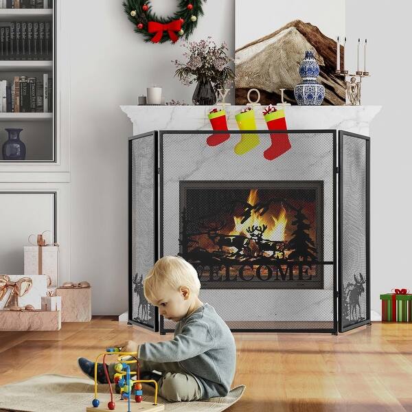 3-Panel Folding Fireplace Screen Spark Guard Mesh Fireplace Barrier ...