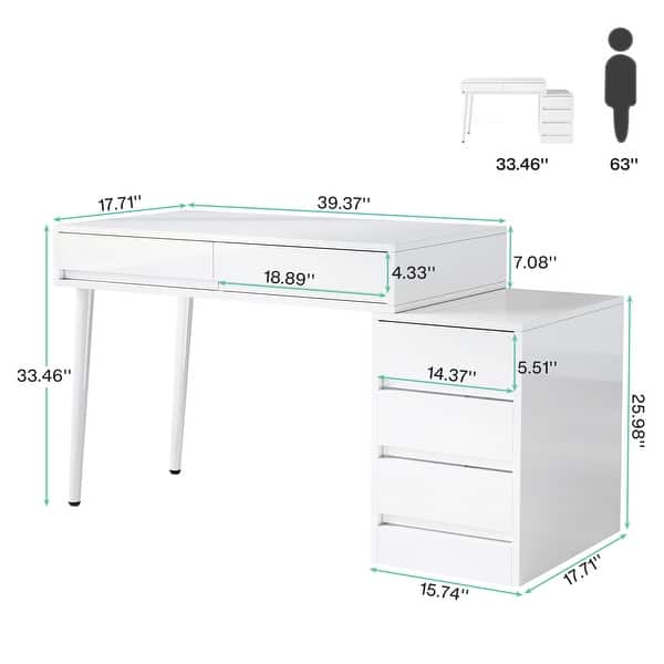 Modern White Computer Desk with 5 Storage Drawers, Home Office Writing ...
