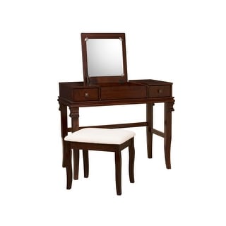 36" Walnut Brown Vanity Set with Mirror and Upholstered Stool - Bed ...