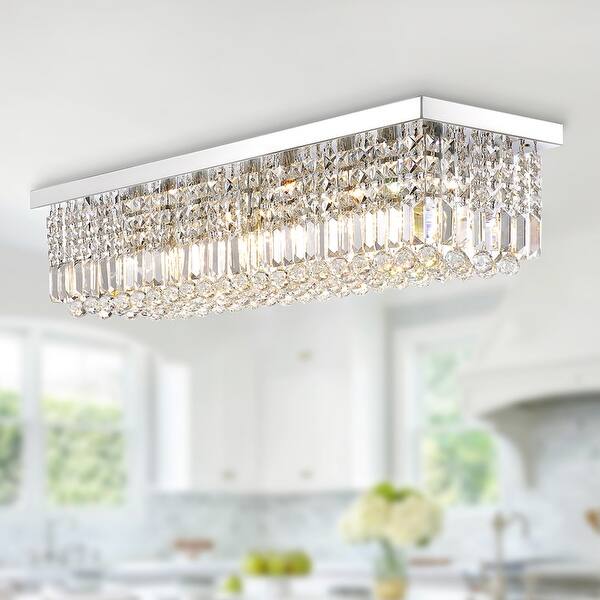 32 in. Modern Chrome Crystal Chandelier 6-Light Rectangular Flush Mount Light - Bed Bath ...