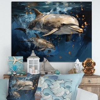 Designart "Dancing Dolphines" Dolphin Wall Art Grey Modern Wrapped ...